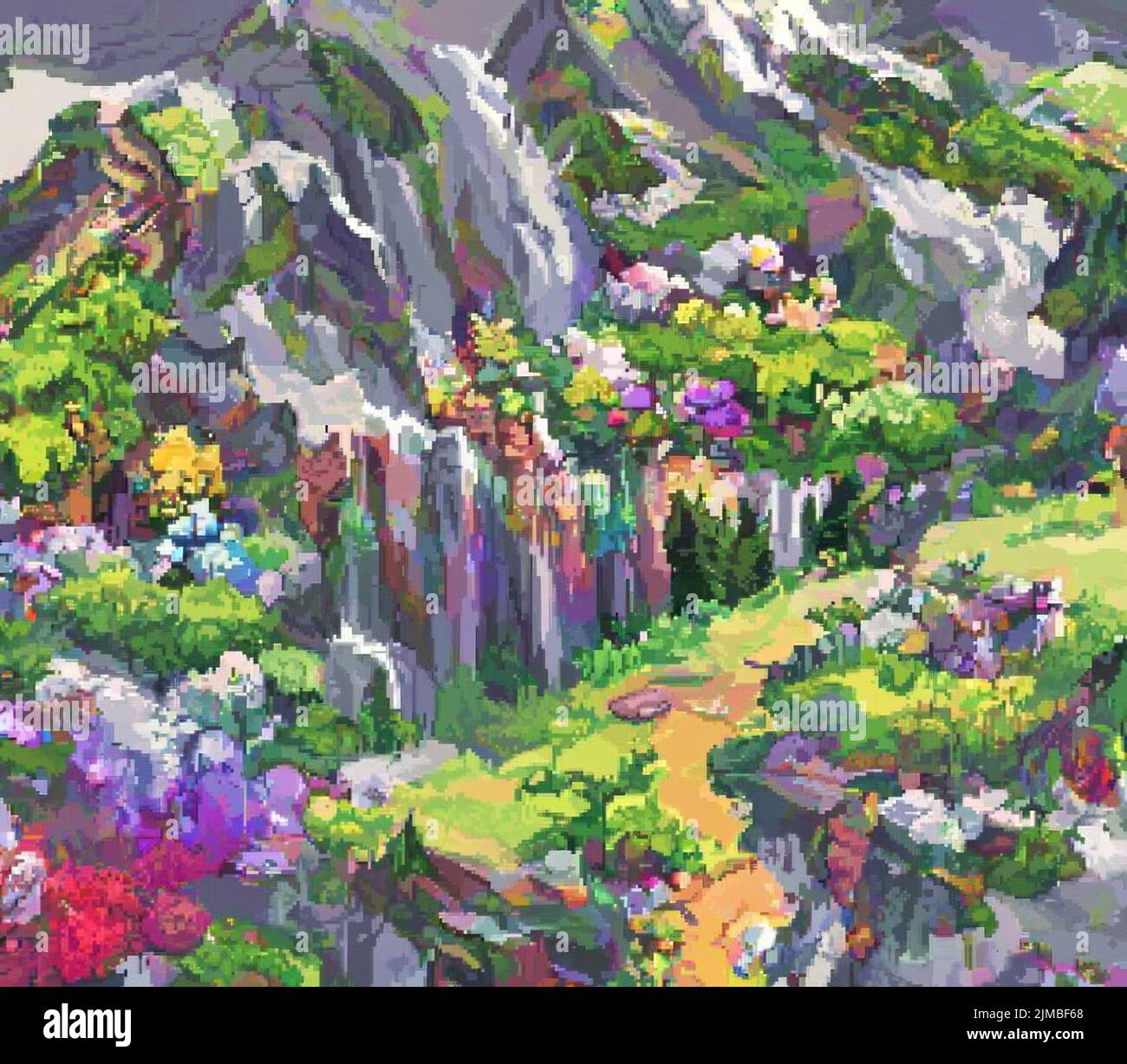 a beautiful colorful fantasy foggy luxury mountain valley, colorful ...