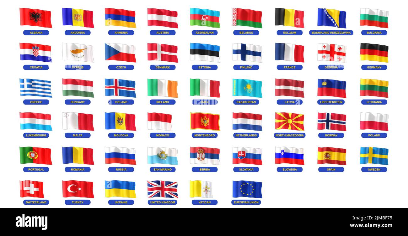 Flag of EU and 50 Sovereign States in Europe over white background for ...