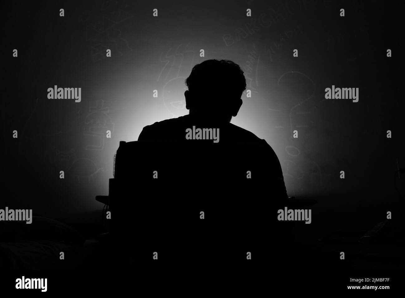 A silhouette of a man from behind looking at a computer scene with ...