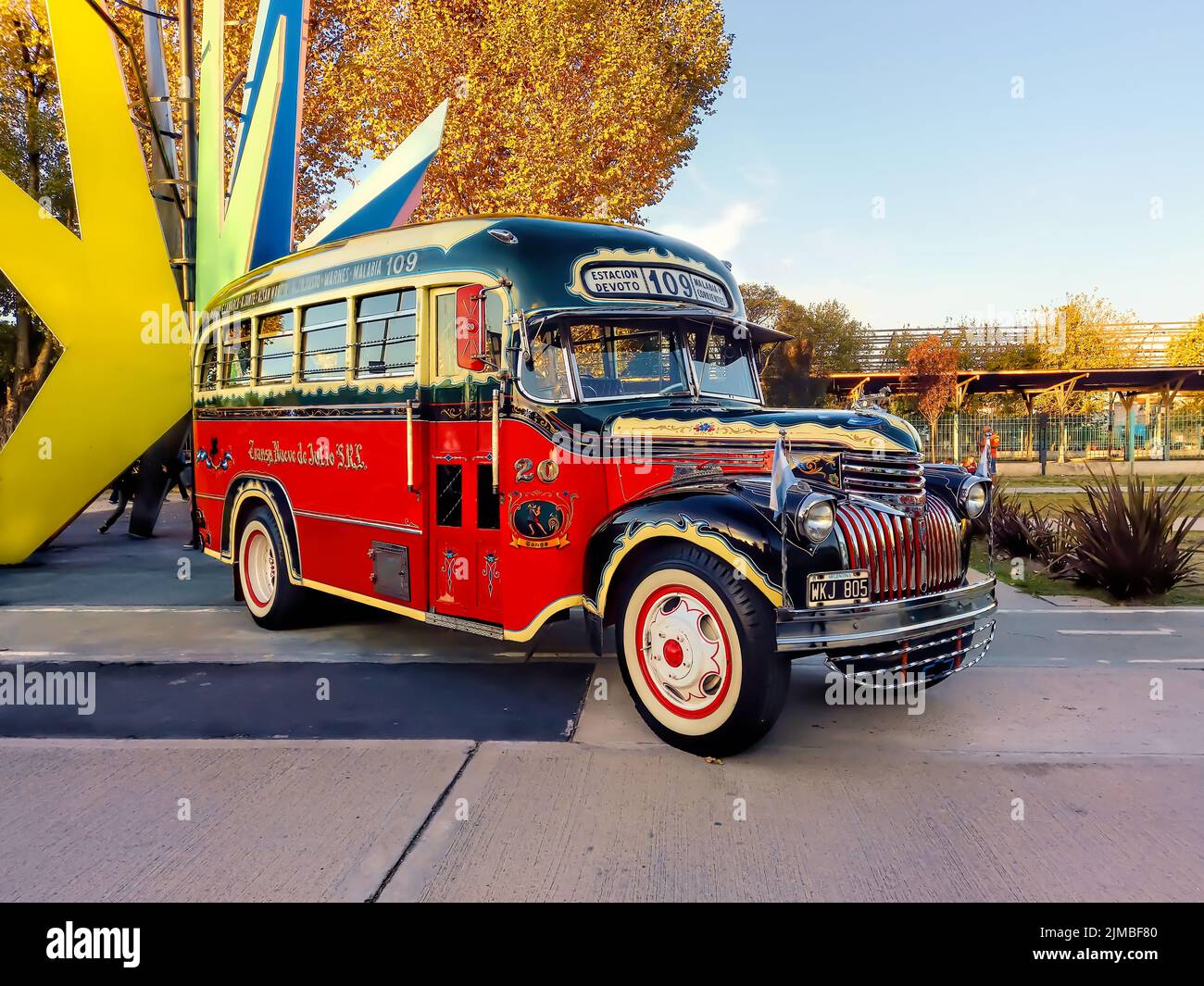old red Chevrolet 1946 bus, public passenger transport in Buenos Aires ...