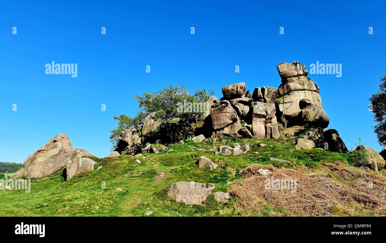 A view of the Robin Hood's Stride rock formation in Derbyshire, England ...