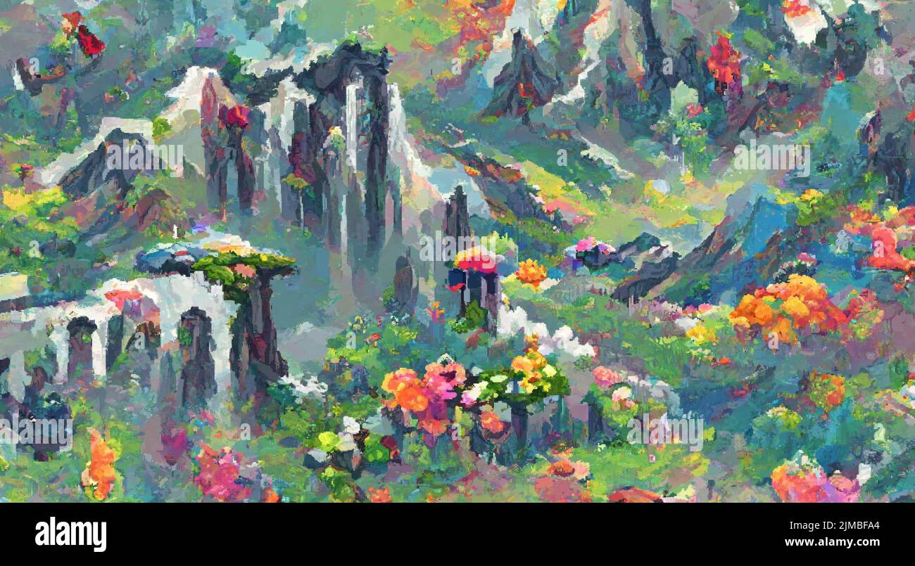 a beautiful colorful fantasy foggy luxury mountain valley, colorful ...