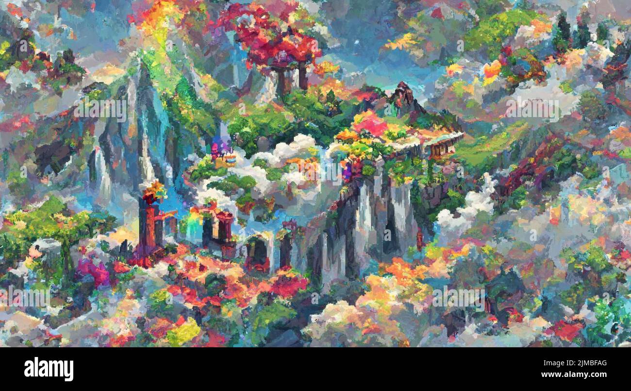a beautiful colorful fantasy foggy luxury mountain valley, colorful ...