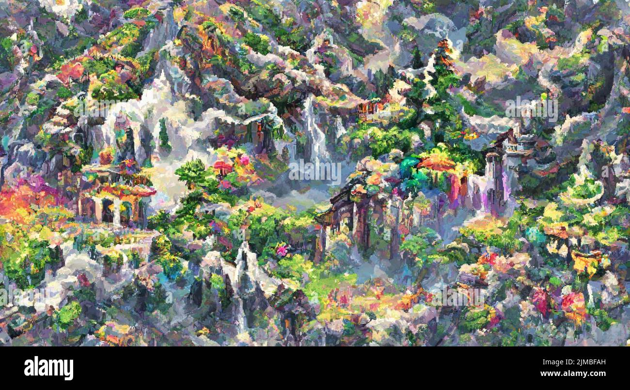 a beautiful colorful fantasy foggy luxury mountain valley, colorful ...