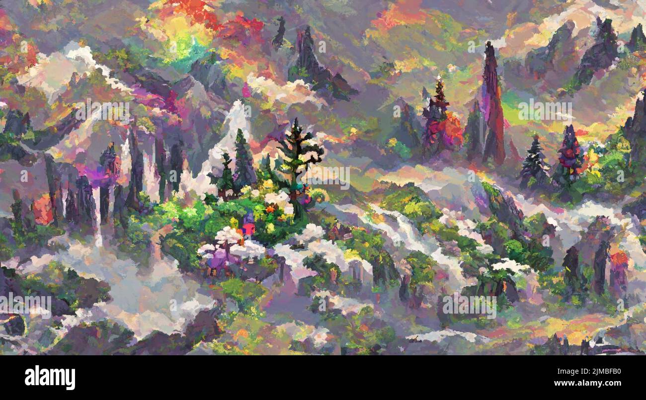 a beautiful colorful fantasy foggy luxury mountain valley, colorful ...