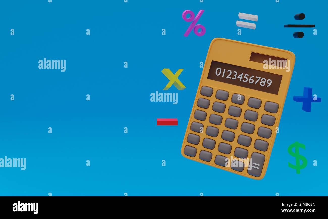 A 3d illustration of a calculator surrounded by math signs on a blue ...