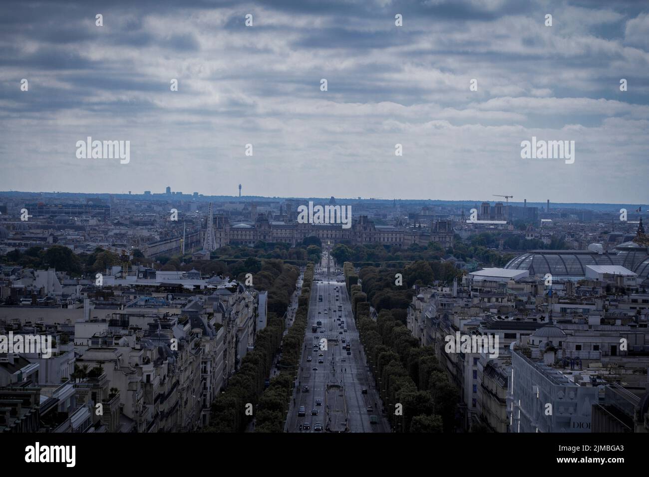 An aerial view of modern buildings on a cloudy day in Paris, France ...
