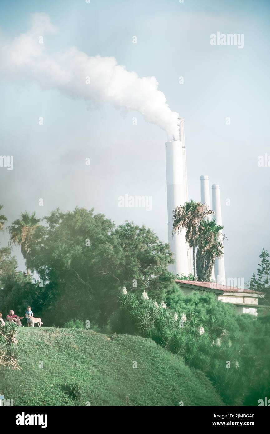A vertical view of white smoke stacks on the backgrounds of trees Stock ...