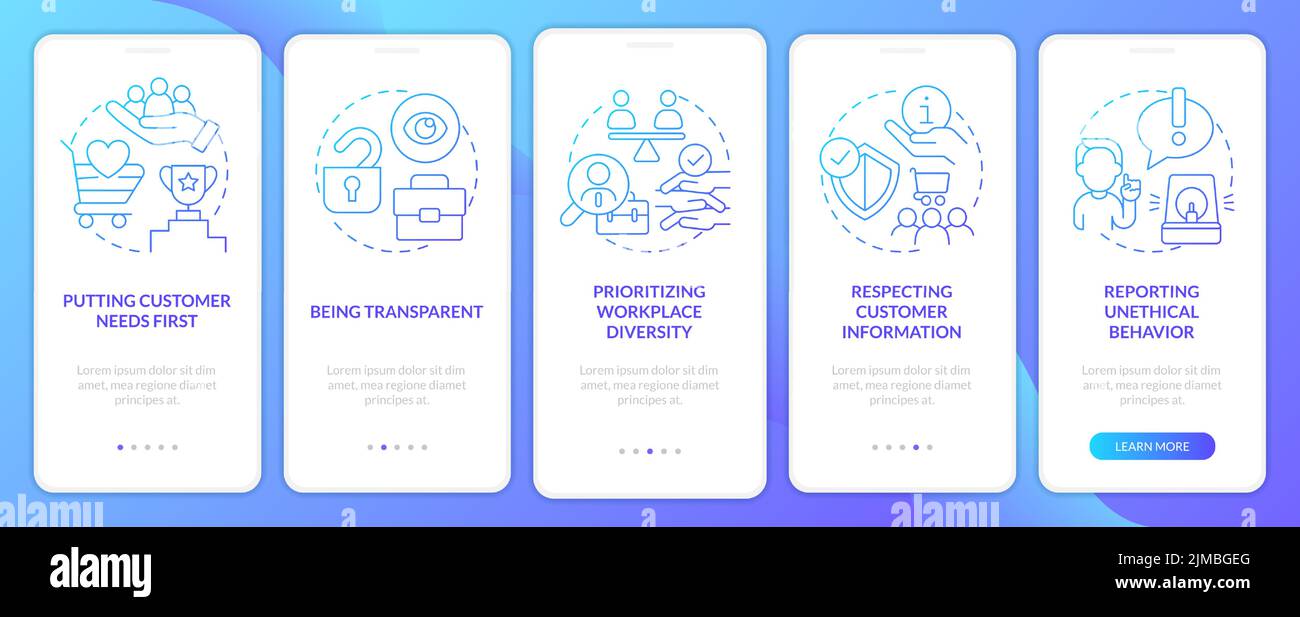 Ethical behavior in customer service blue gradient onboarding mobile app screen Stock Vector ...