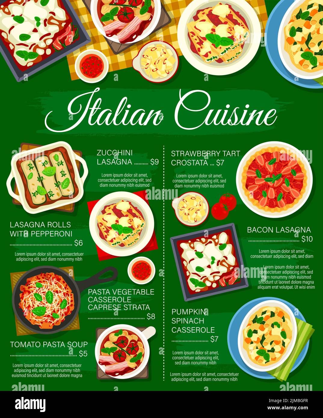 Italian food menu, Italy cuisine pasta and lasagna, lunch and dinner ...
