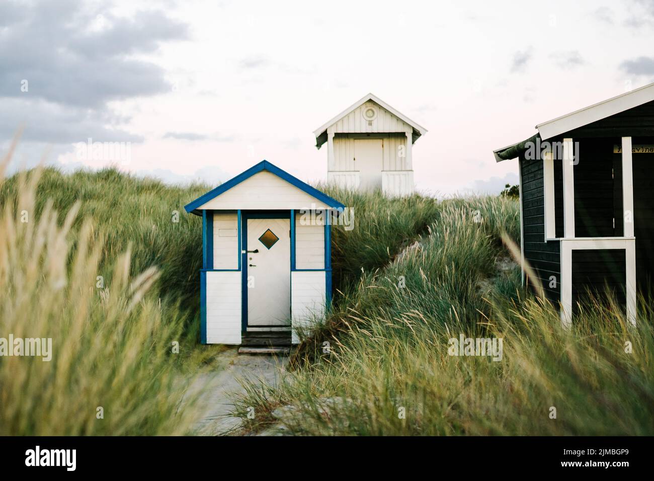 The colorful beach huts on Skanor beach in Falsterbo, Skane, Sweden ...
