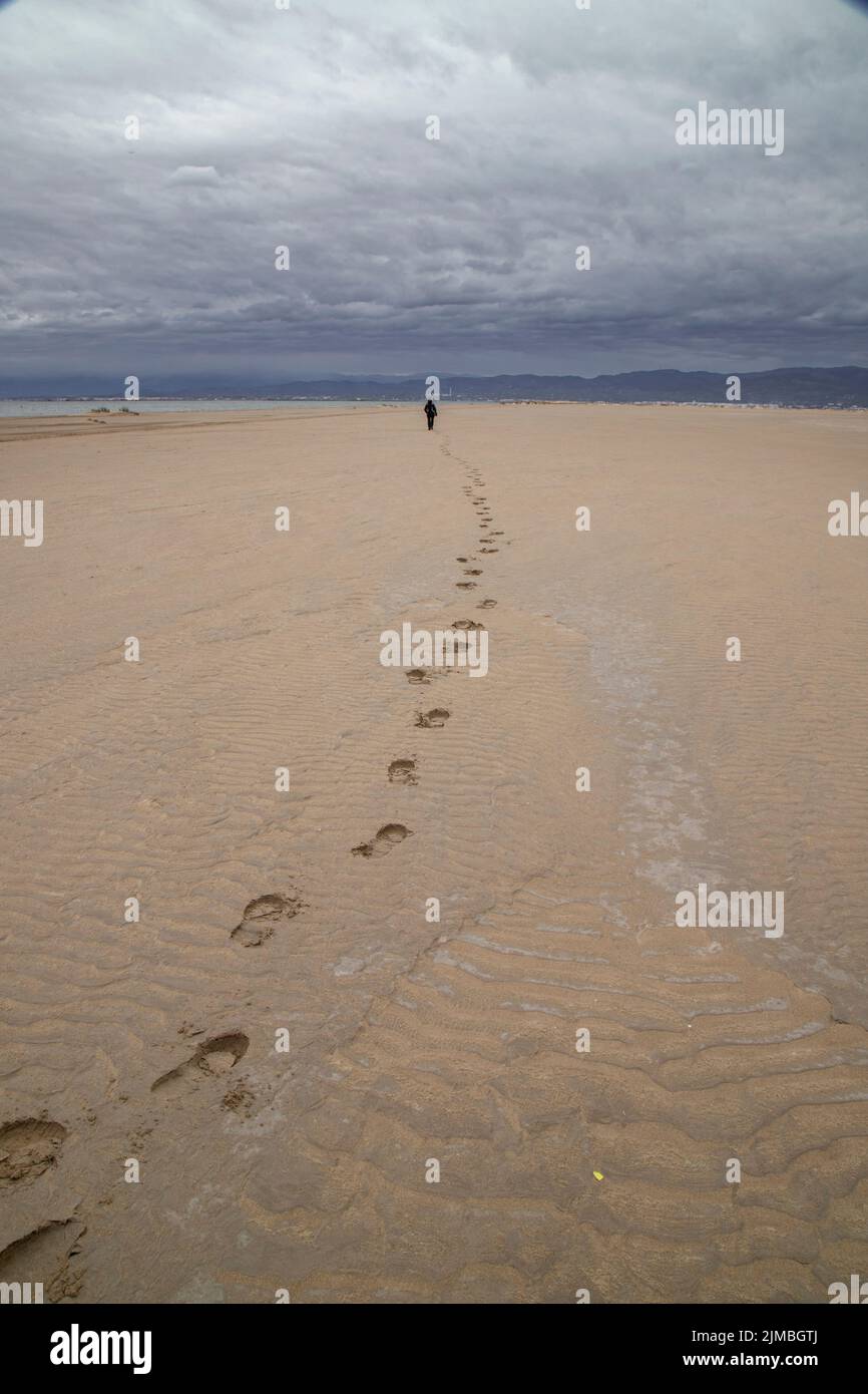 A vertical shot of foot trails of a person on the sandy beach in Ebro ...