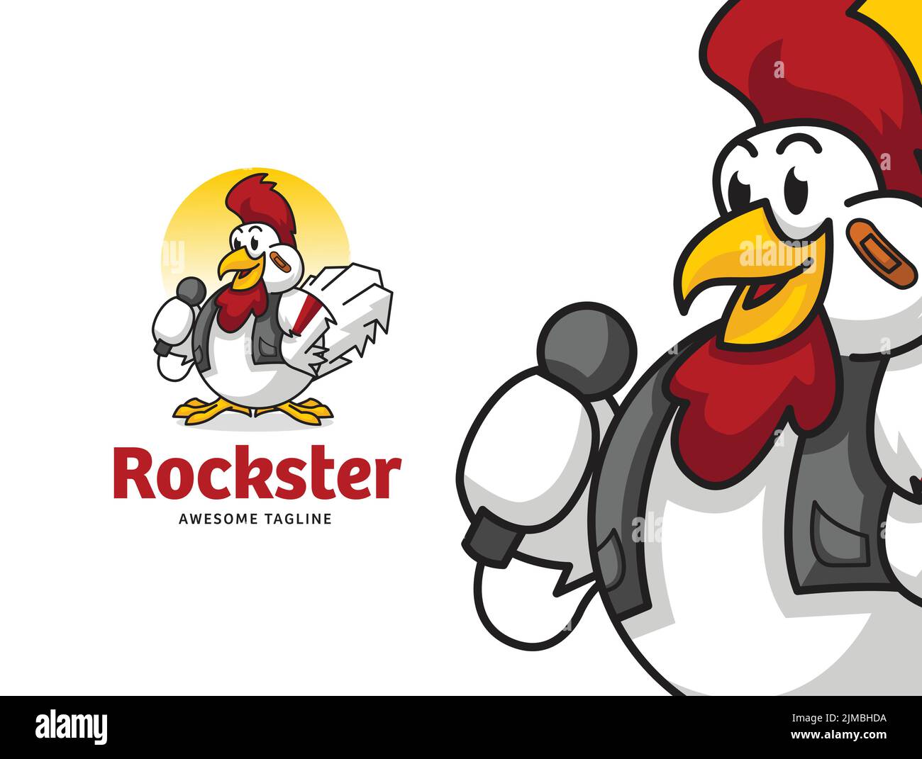 A rockstar chicken character and a mascot logo with speaker for sports ...