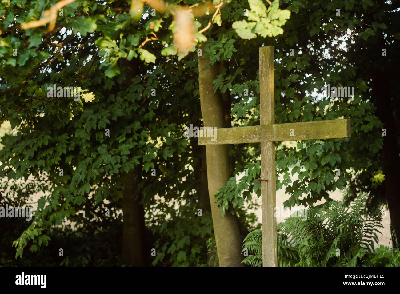 A wooden cross in a dense garden Stock Photo - Alamy