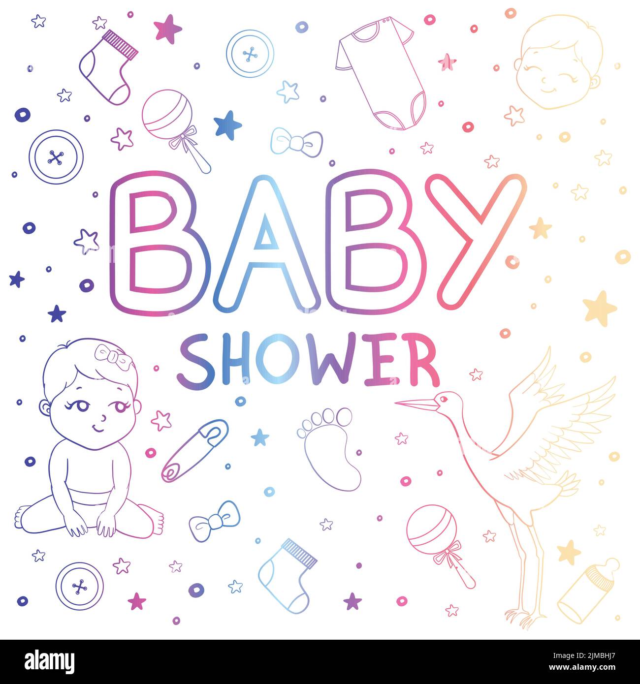 Inscription Baby Shower greeting card with baby boy and girl on white ...