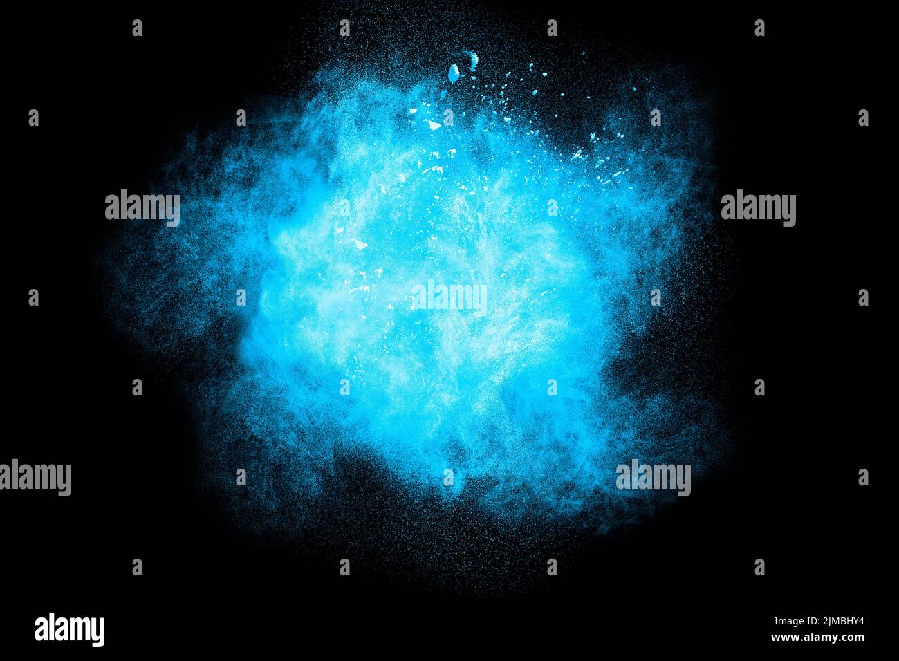 Bizarre forms of blue powder explode cloud on background. Launched blue ...