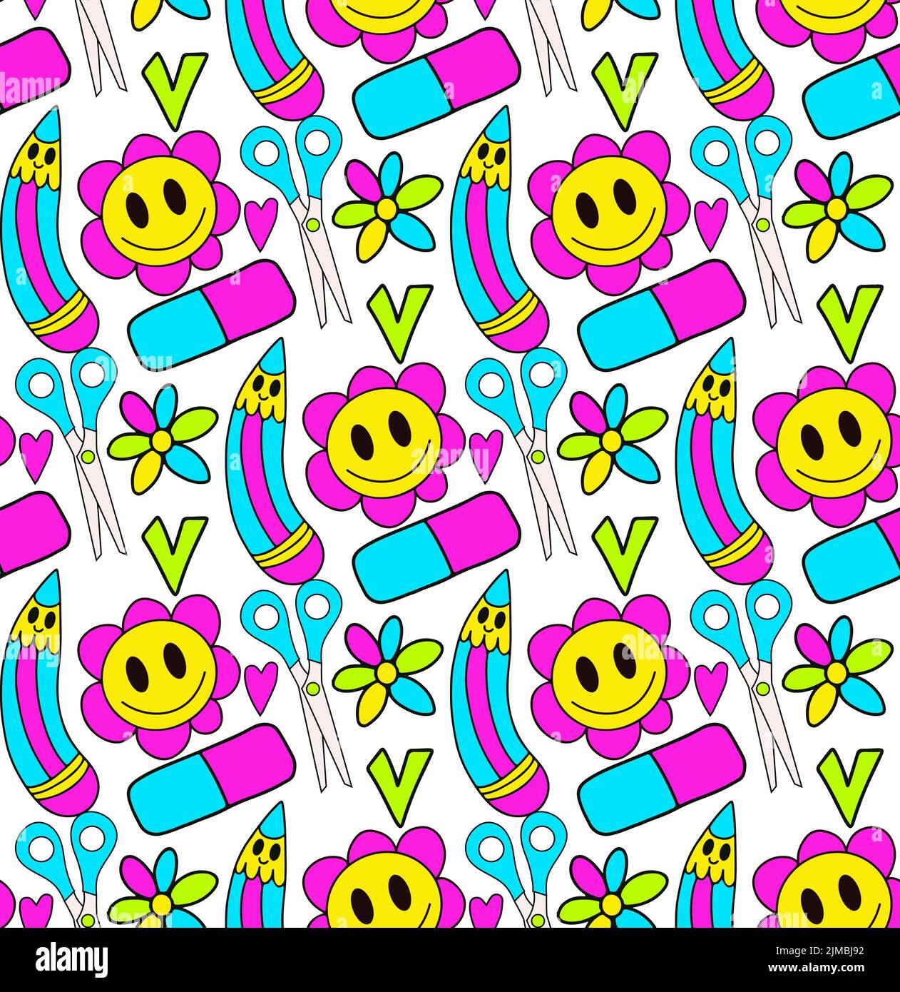 Back to school groovy pattern in retro 70s style. Psychedelic texture ...