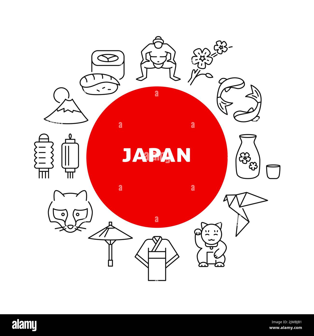 Japan round poster with traditional symbols and text. Japanese culture ...