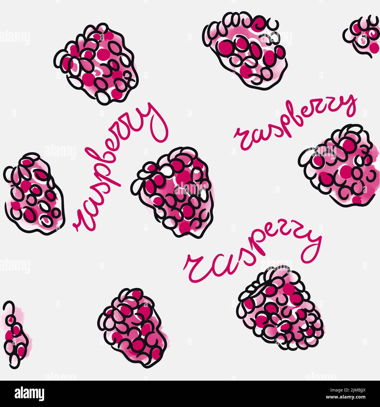 Raspberry. Seamless pattern of crimson doodles with handwritten ...