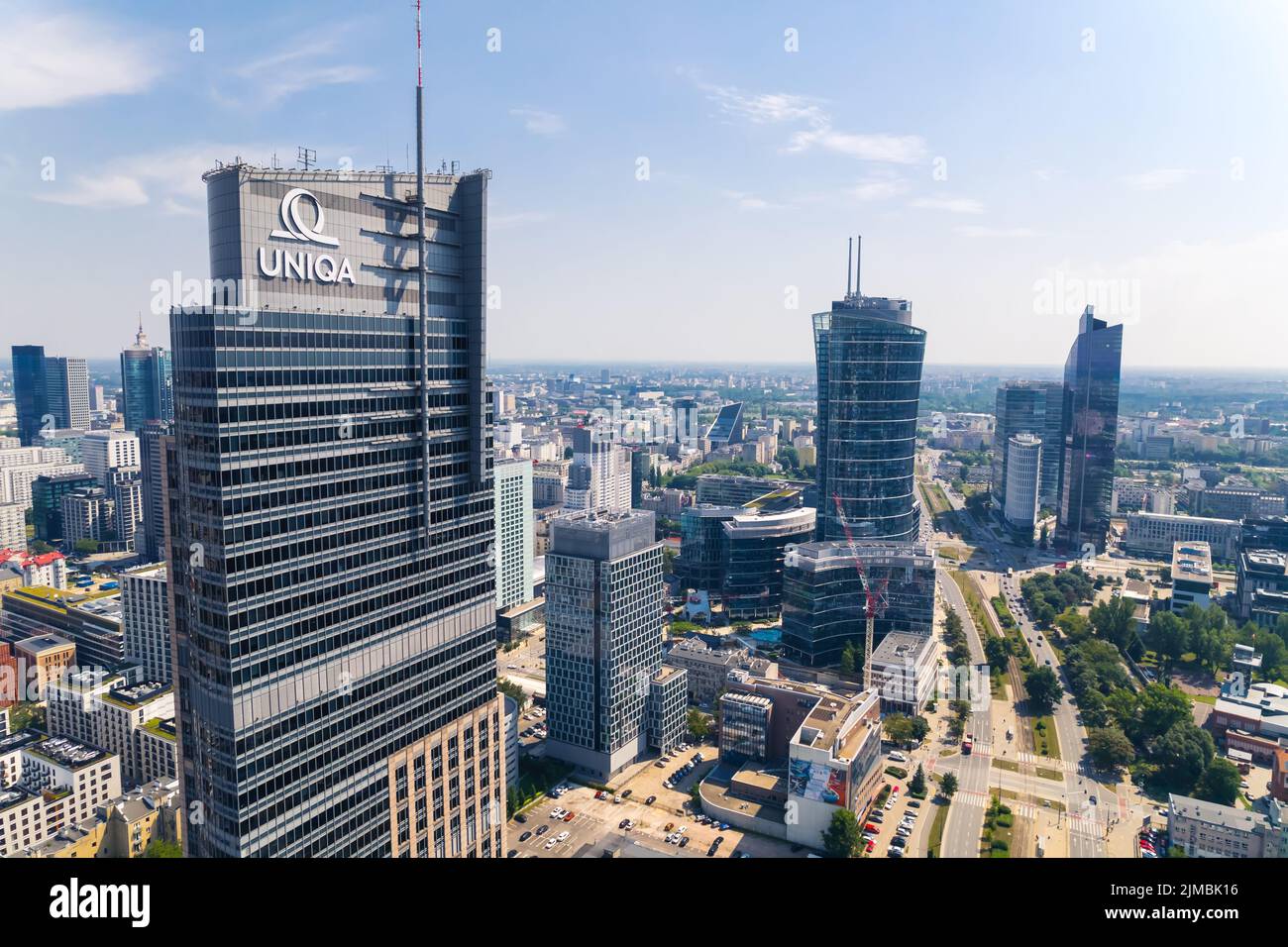 7.22.2022 Warsaw, Poland. Closeup panoramic shot of Warsaw Trade Tower ...