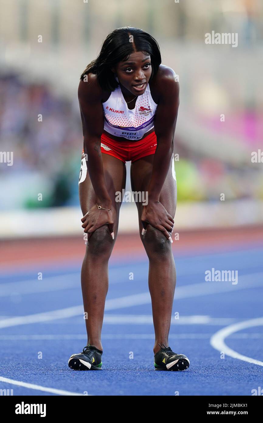 England’s Ama Pipi reacts after the Women’s 400m Semi Final 1 at Alexander Stadium on day eight ...