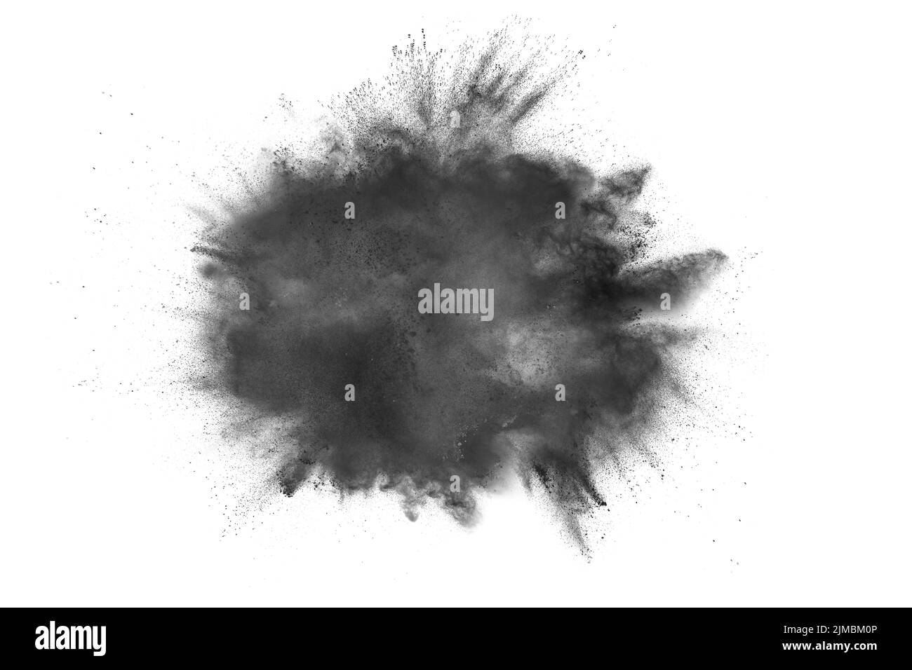Black powder explosion on white background.Black dust particles splash ...