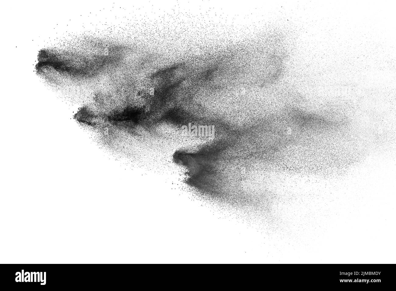Black powder explosion on white background.Black dust particles splash ...