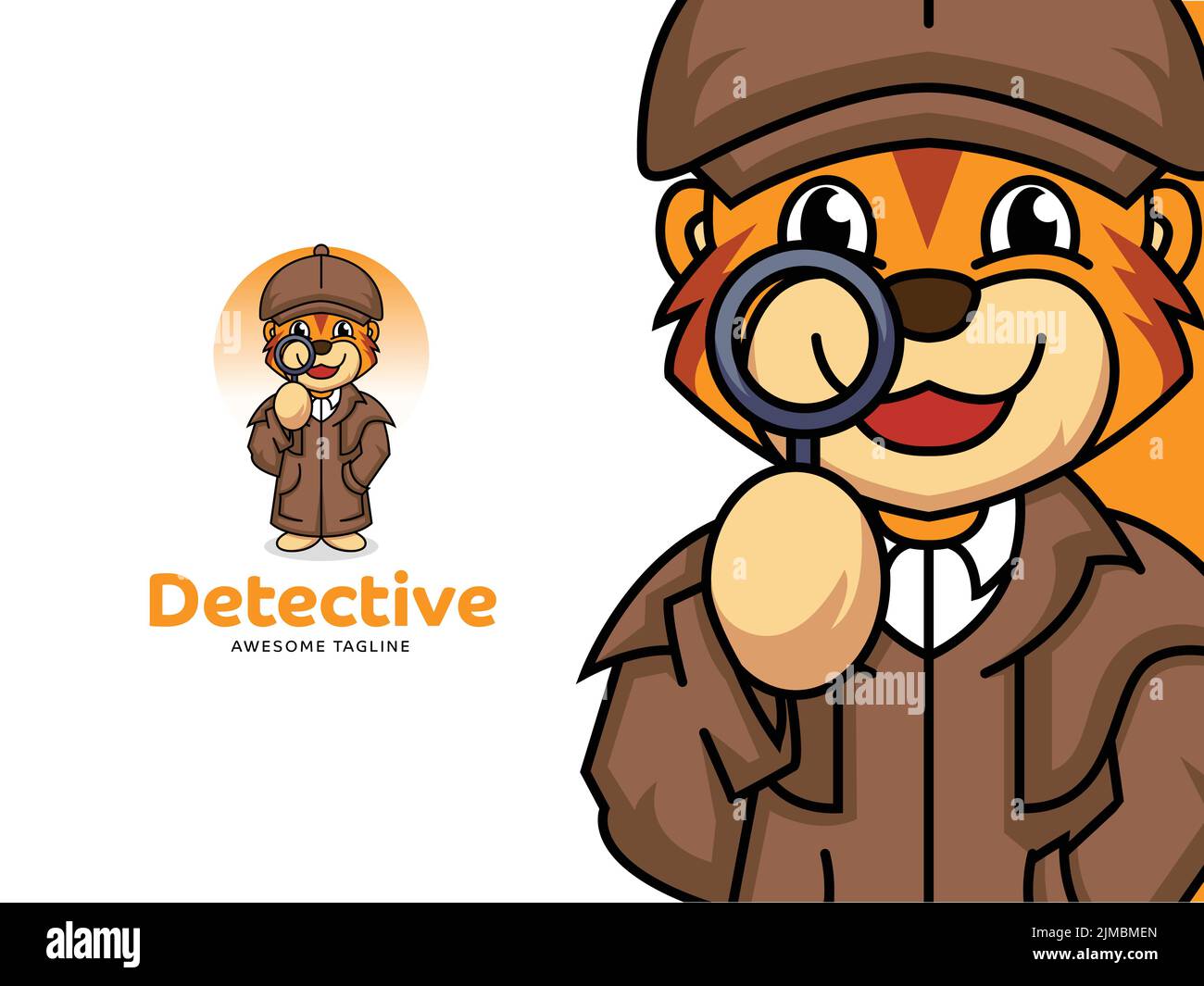 A smiling detective tiger character and a mascot logo for sports teams ...