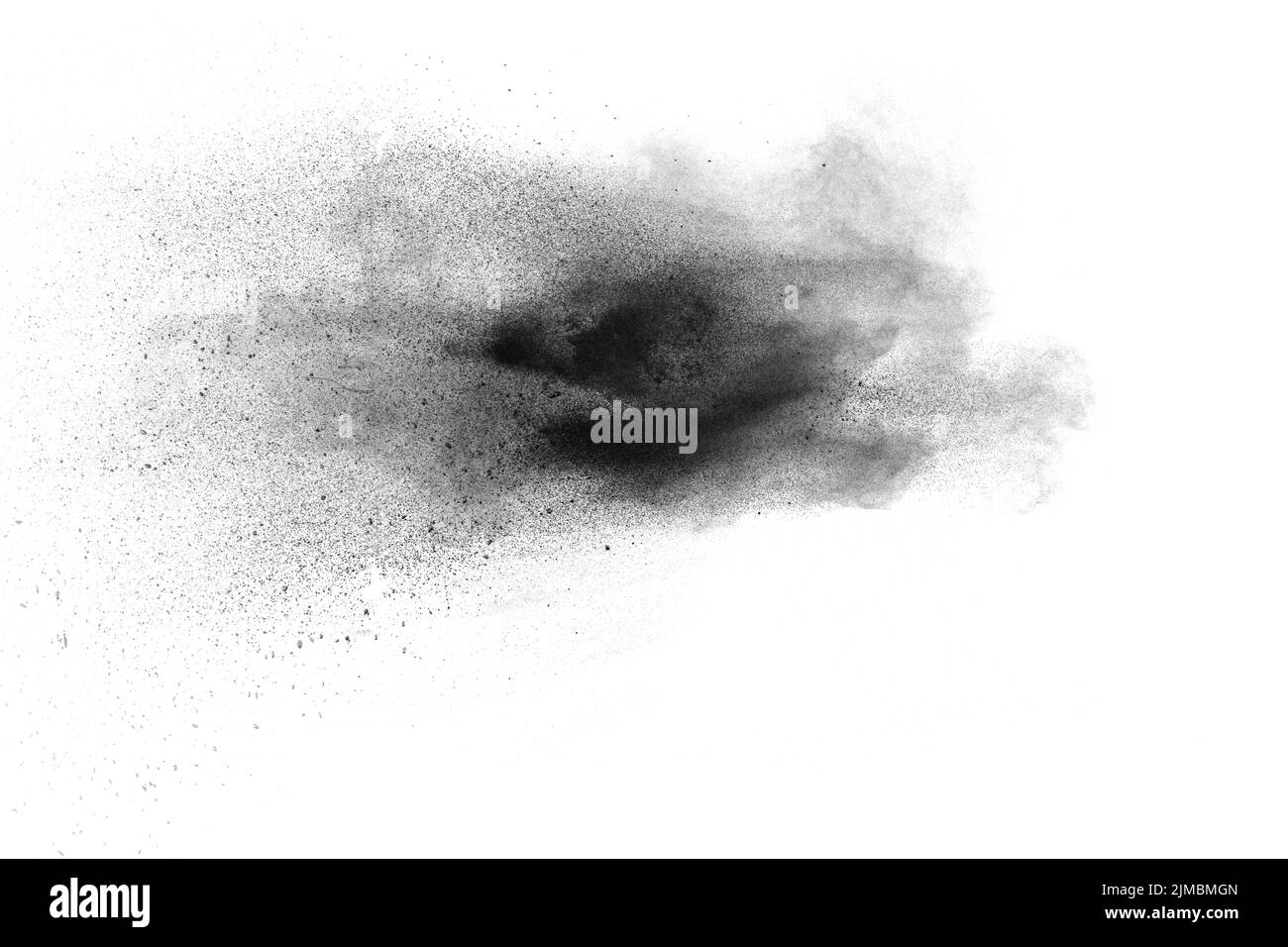 Black powder explosion on white background.Black dust particles splash ...