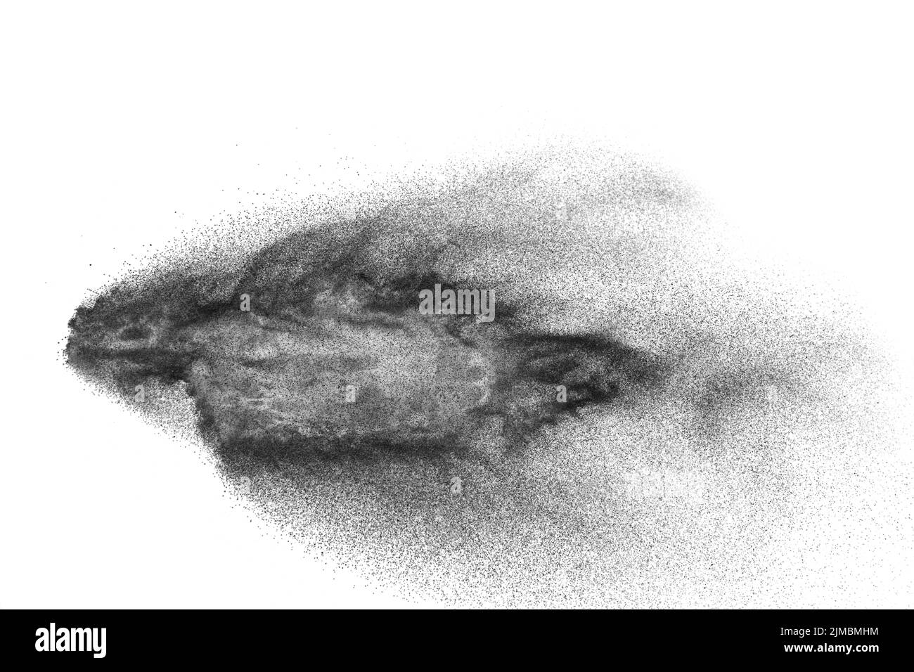 Black particles splattered on white background. Black powder dust ...