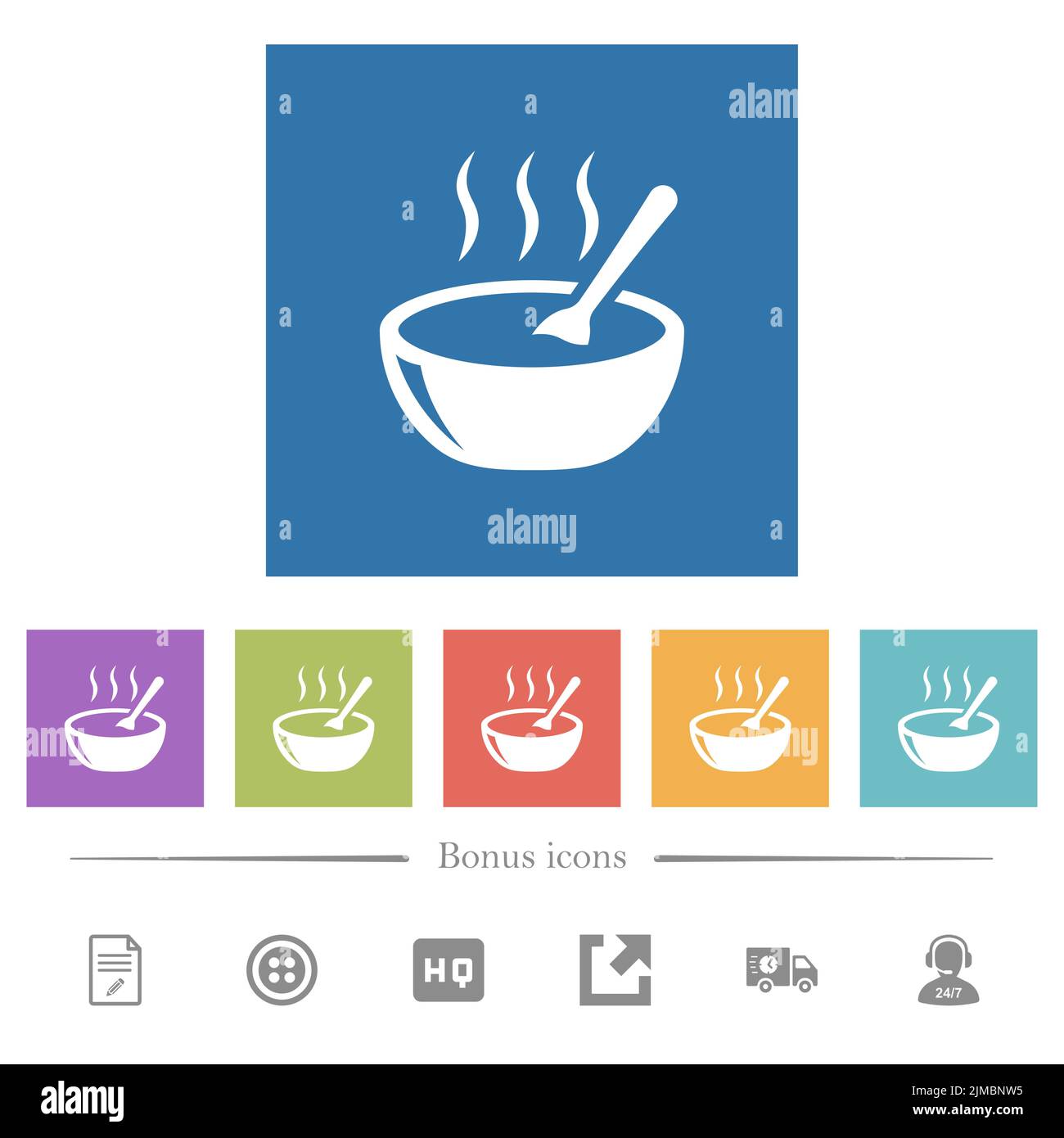 Glossy steaming bowl of soup with spoon flat white icons in square ...