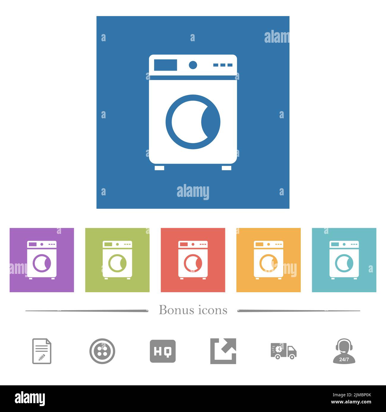 Washing machine flat white icons in square backgrounds. 6 bonus icons ...