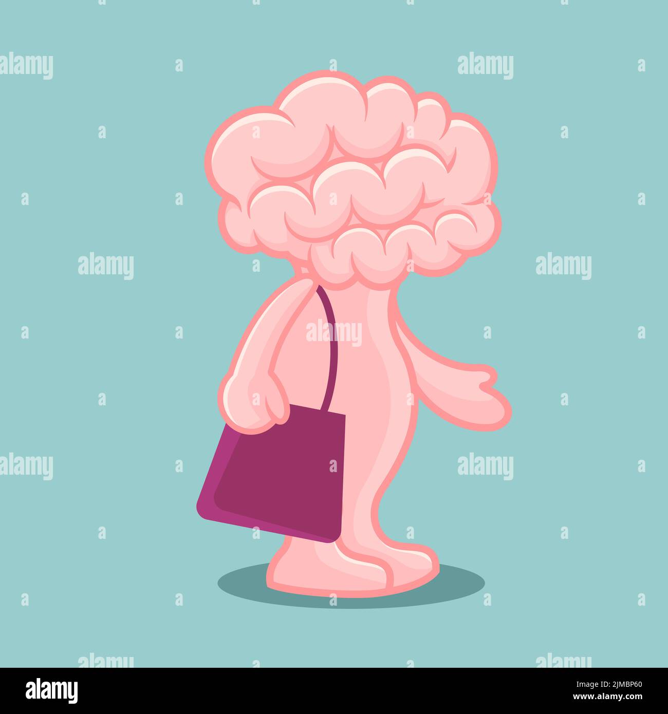 a pink cartoon brain holding a purple bag isolated on blue background ...