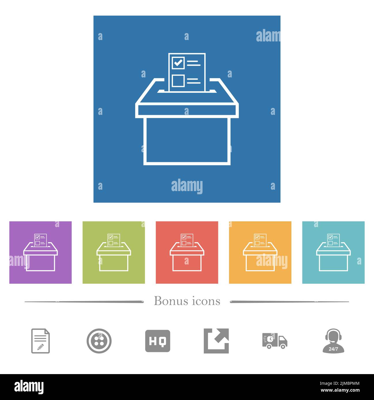 Voting paper and ballot box outline flat white icons in square ...