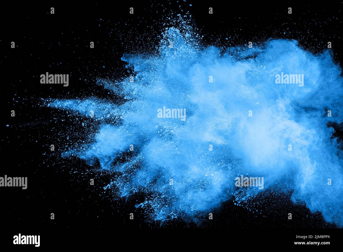 Bizarre forms of blue powder explode cloud on background. Launched blue ...