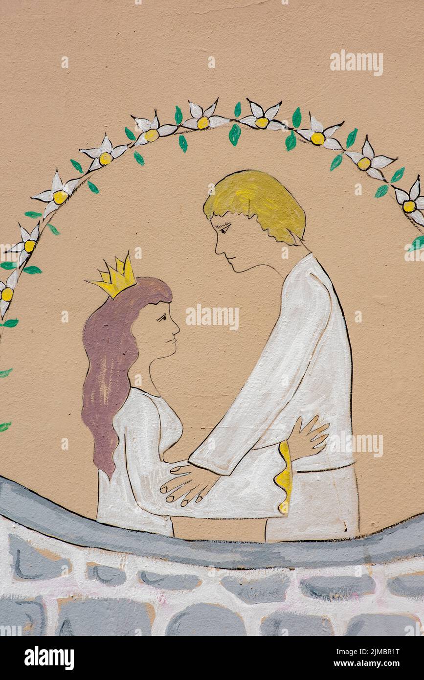 naive wall painting of a young couple on their wedding day, cartoon ...