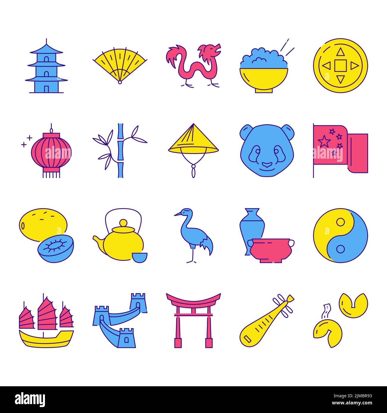 China icon set in colored line style. Chinese national symbols. Vector ...