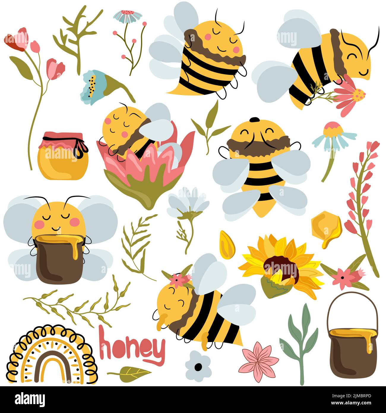 Bee bundle. Cute bee in flower, wildflowers, honeycomb, glass jar honey ...