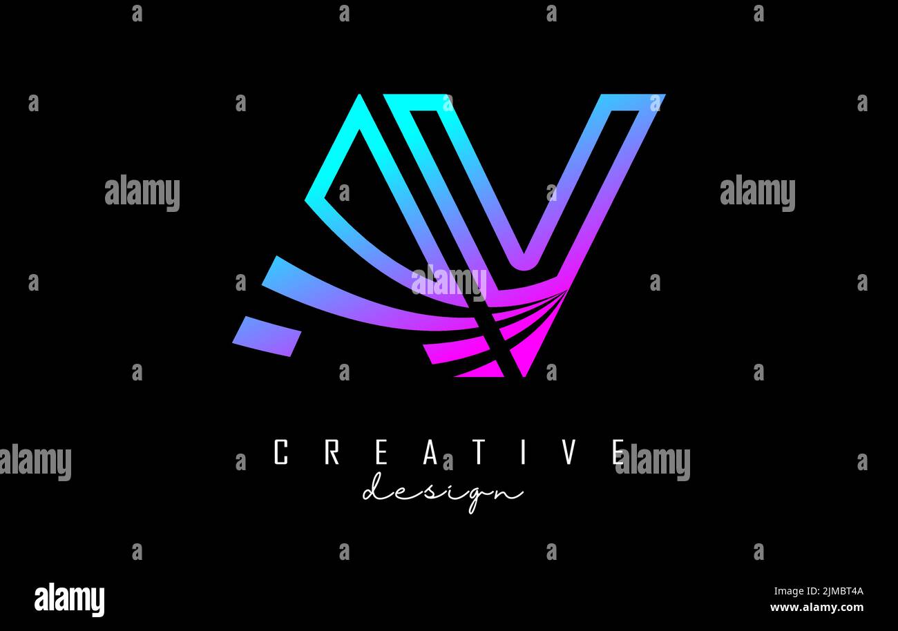 Outline colorful leading lines letters AV a v logo with road concept ...
