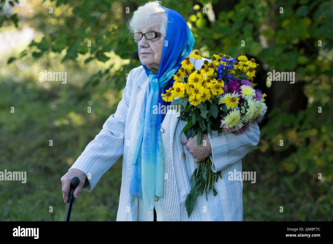 Grandmother with a cane and flowers on the background of trees Stock ...