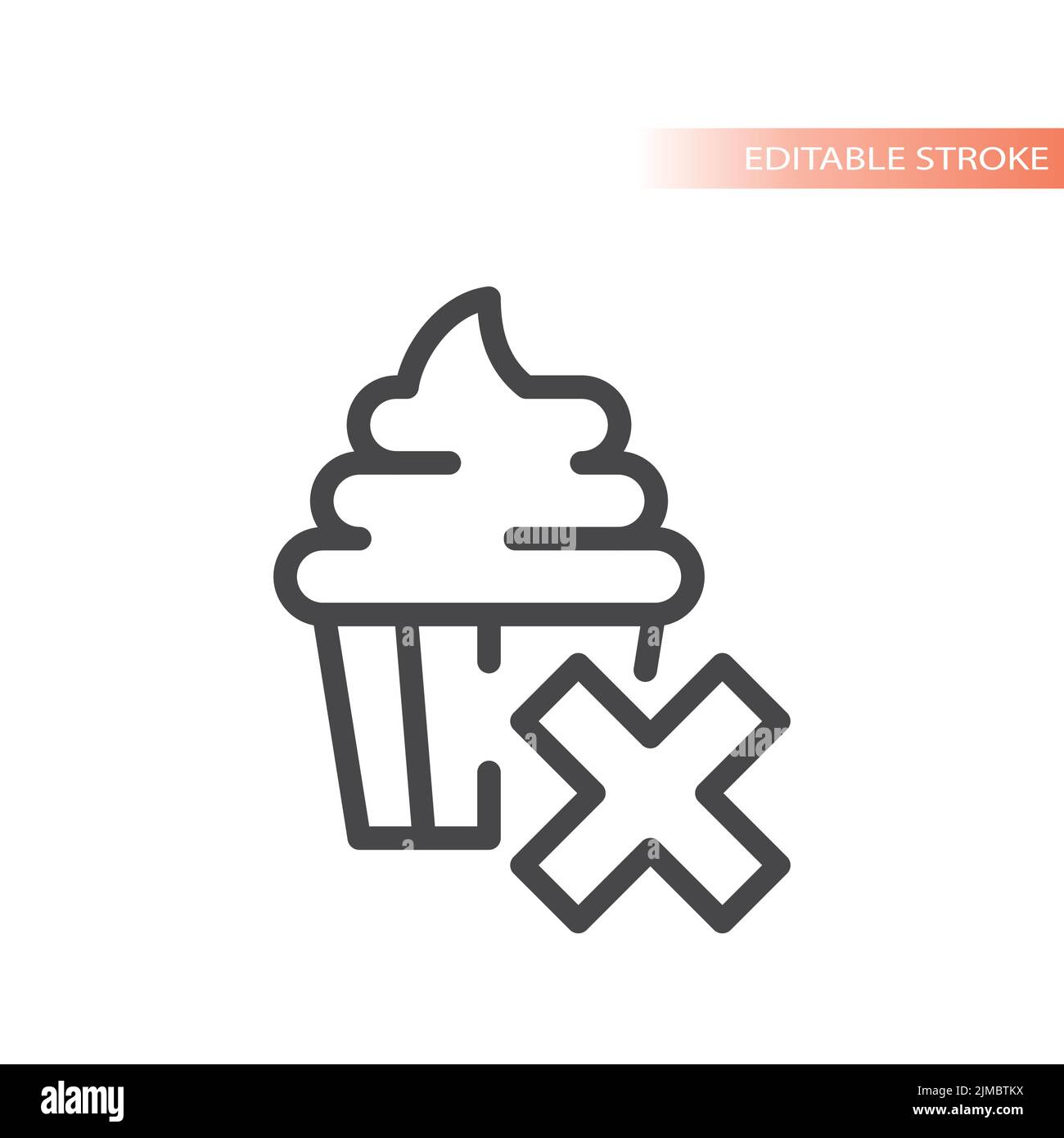 No junk, unhealthy food line vector icon. Cupcake and cross, heathy ...