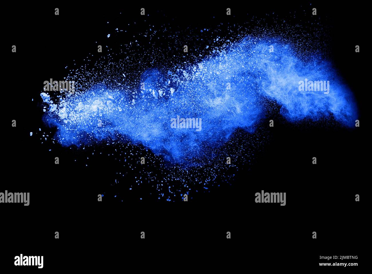 Blue color powder explosion cloud on black background.Closeup of Blue ...