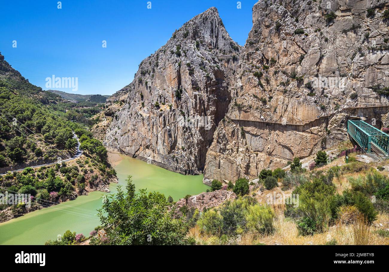 El Caminito del Rey with train iron bridge in Malaga, Spain Stock Photo ...