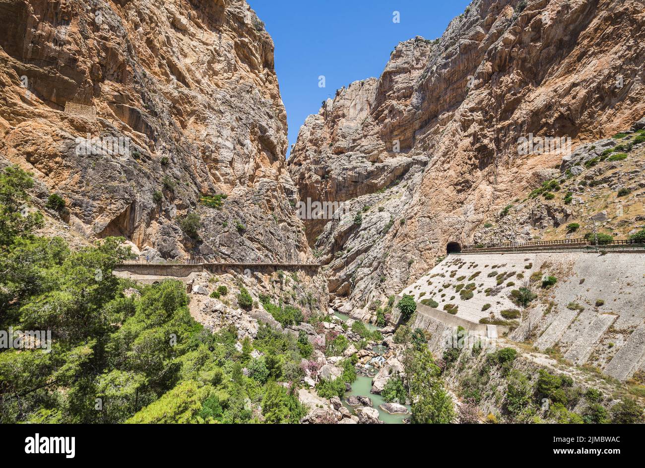 Path (Caminito del rey) along steep cliffs, rocks and mountain river in ...