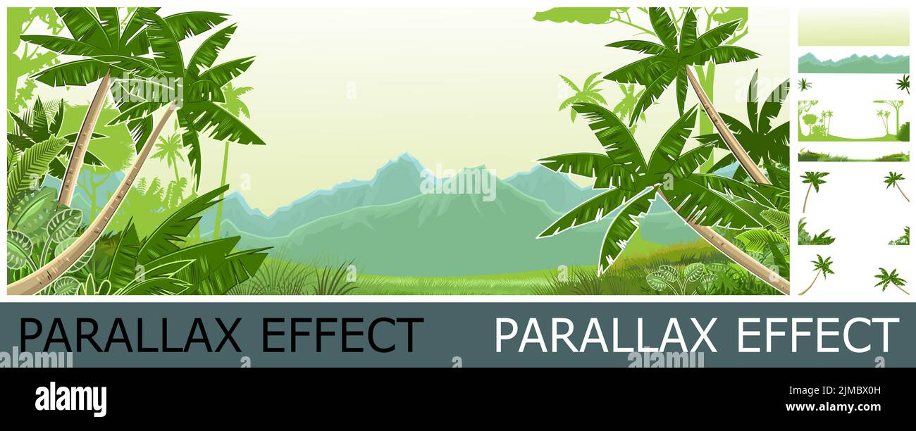 Tropical jungle landscape. Plants, shrubs and palms. Image from layers ...