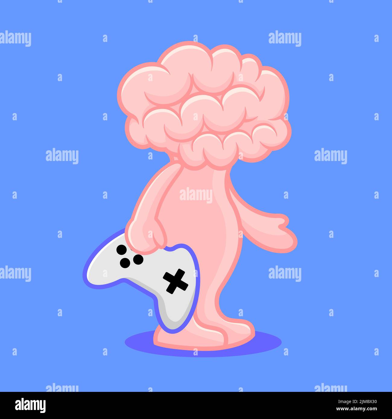 a pink cartoon brain holding a joystick isolated on blue background ...