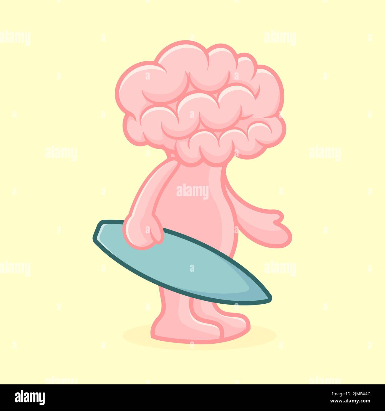 a pink cartoon brain holding a surfboard isolated on yellow background ...