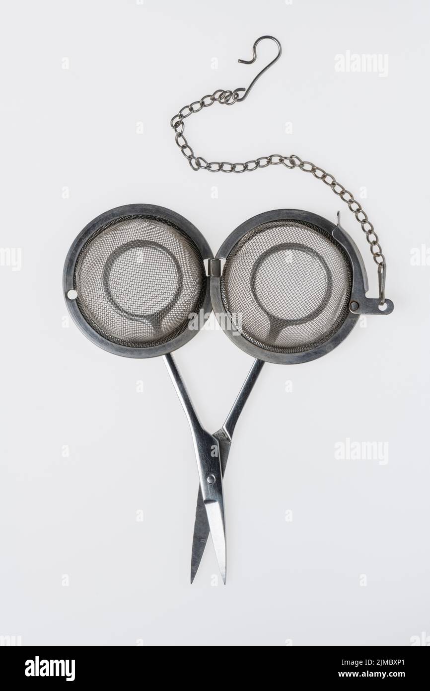 Conceptual bird figure composed of scissors and tea strainer Stock ...