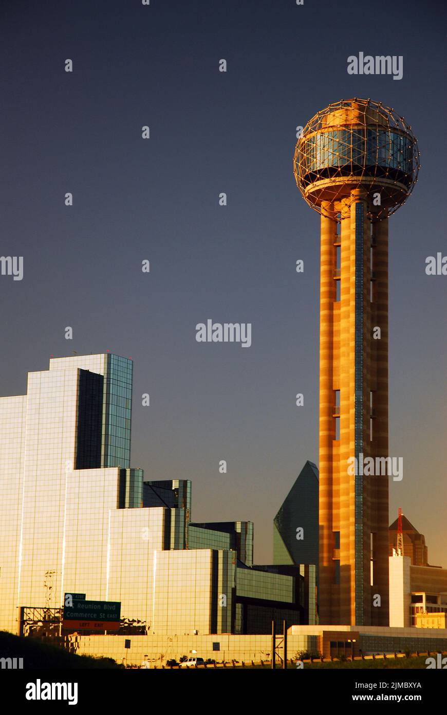 The Reunion Tower, with an observation deck in the top sphere rises ...