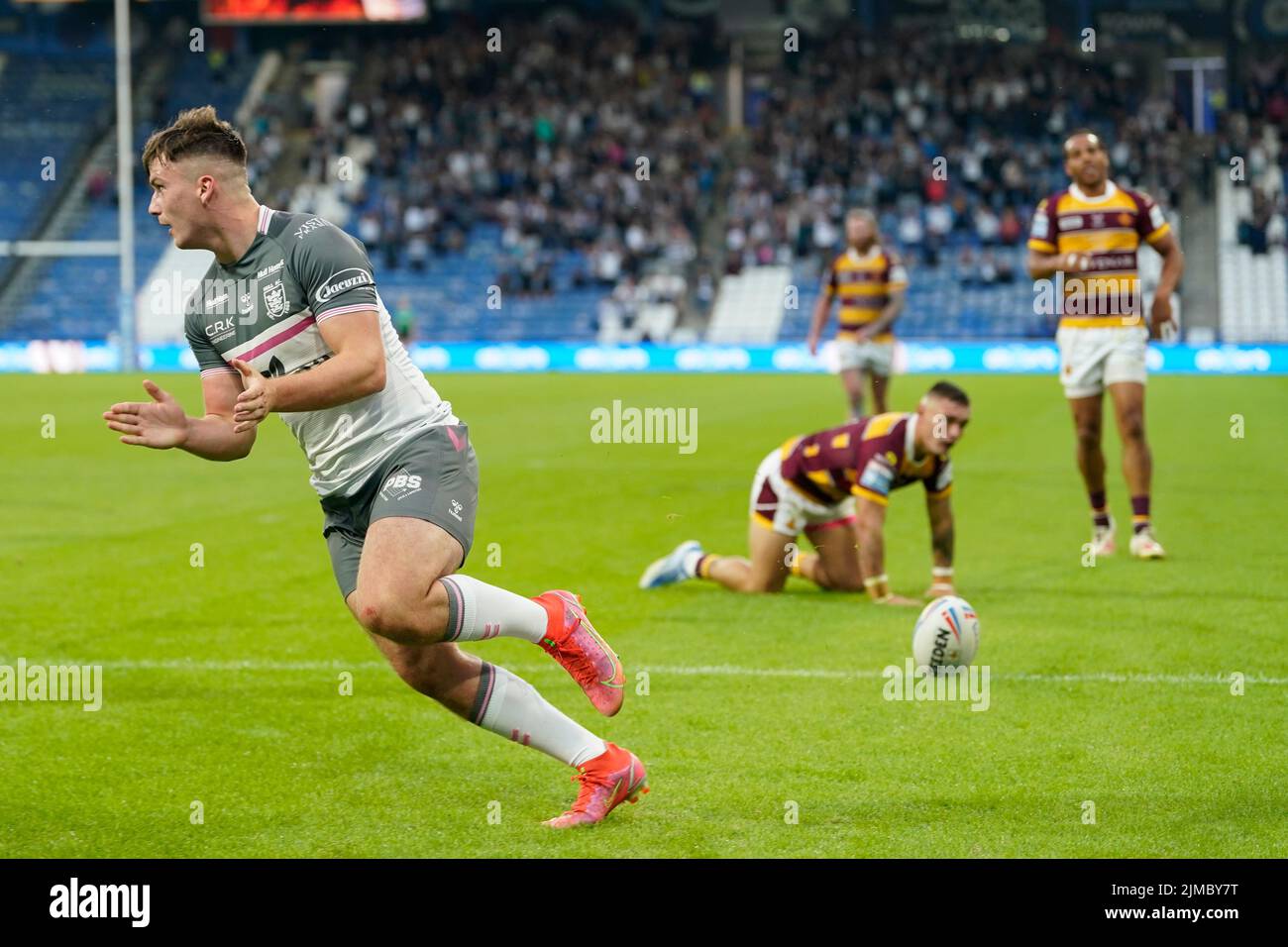 Connor Wynne #23 of Hull FC celebrates scoring his sides second try of ...